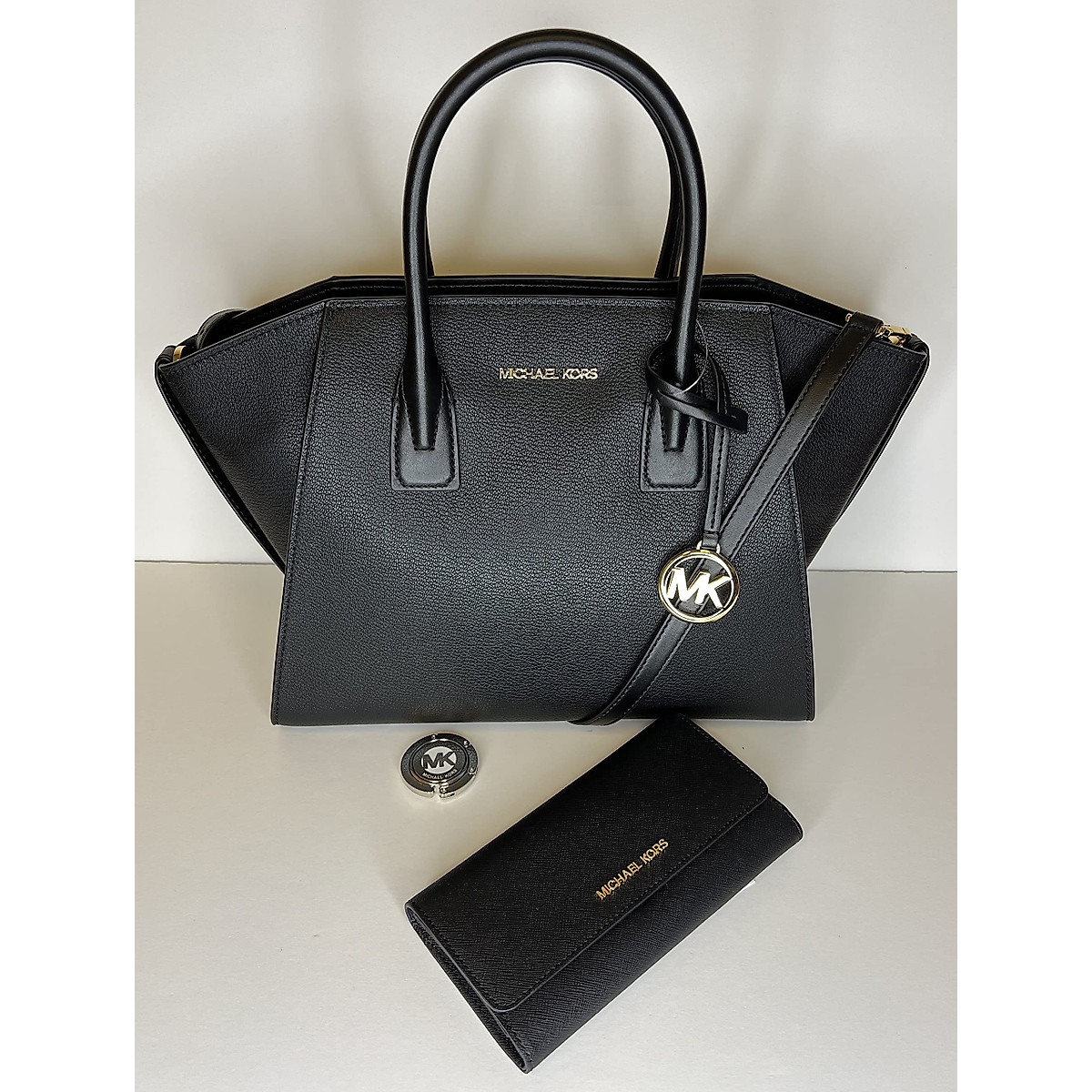 Michael Kors MICHAEL Michael Kors Avril Large Top-Zip Satchel bundled with Trifold Wallet Purse Hook (Black)