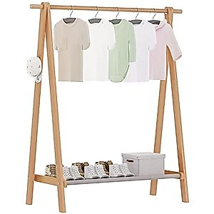 FekCits Kids Clothing Rack Dress Up Storage with Storage Shelf, Natural Beech Child Garment Rack with 2 Hooks 37.5" L x 14.5" W x 39.5" H, Clothes Hanging Rack for Kids, Pets