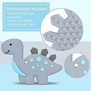 Baby Teething Toys for Babies 3-6 6-12 Months, Dinosaur Teether Pain Relief Toy with One Piece Design Pacifier Clip Holder Set, Freezer Safe Neutral Shower Gift for Boys and Girls (Grey)