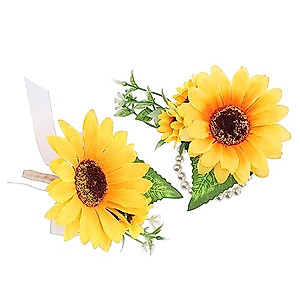 ARTIBETTER 2pcs Corsage Wrist Flower Bracelets for Man Prom Hair Accessories Men Gifts Stocking Stuffers Sunflower Wristlet Band Bracelet Sunflower Brooch Corsage Bride Brooch Wedding Corsage