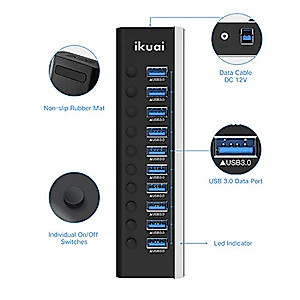 Powered USB Hub 3.0 ikuai Aluminum 10 Port USB 3.0 Data Hub Splitter with 12V/3A 36W Power Adapter and Individual On/Off Switches for Desktop PC Laptop and More
