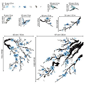 wondever Watercolor Flower Tree Branch Wall Stickers Blossom Blue Floral Birds Peel and Stick Wall Art Decals for Living Room Bedroom
