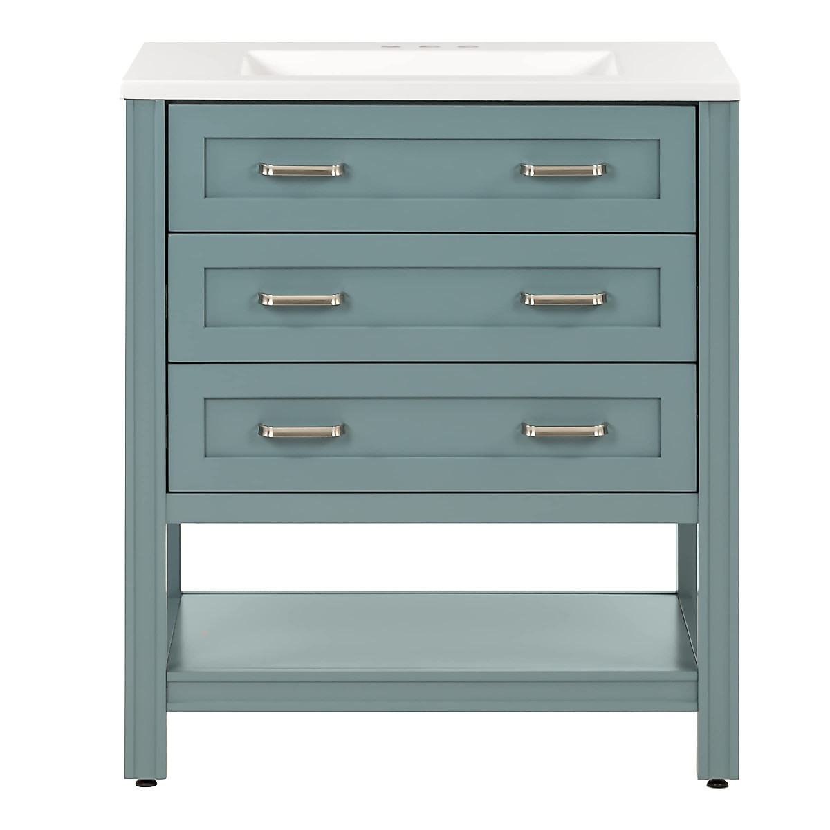 Spring Mill Cabinets Eaton Bathroom Vanity with 2 Drawers, Open Shelf, and White Sink Top, 30.25" W x 18.75" D x 35.41" H, Sage