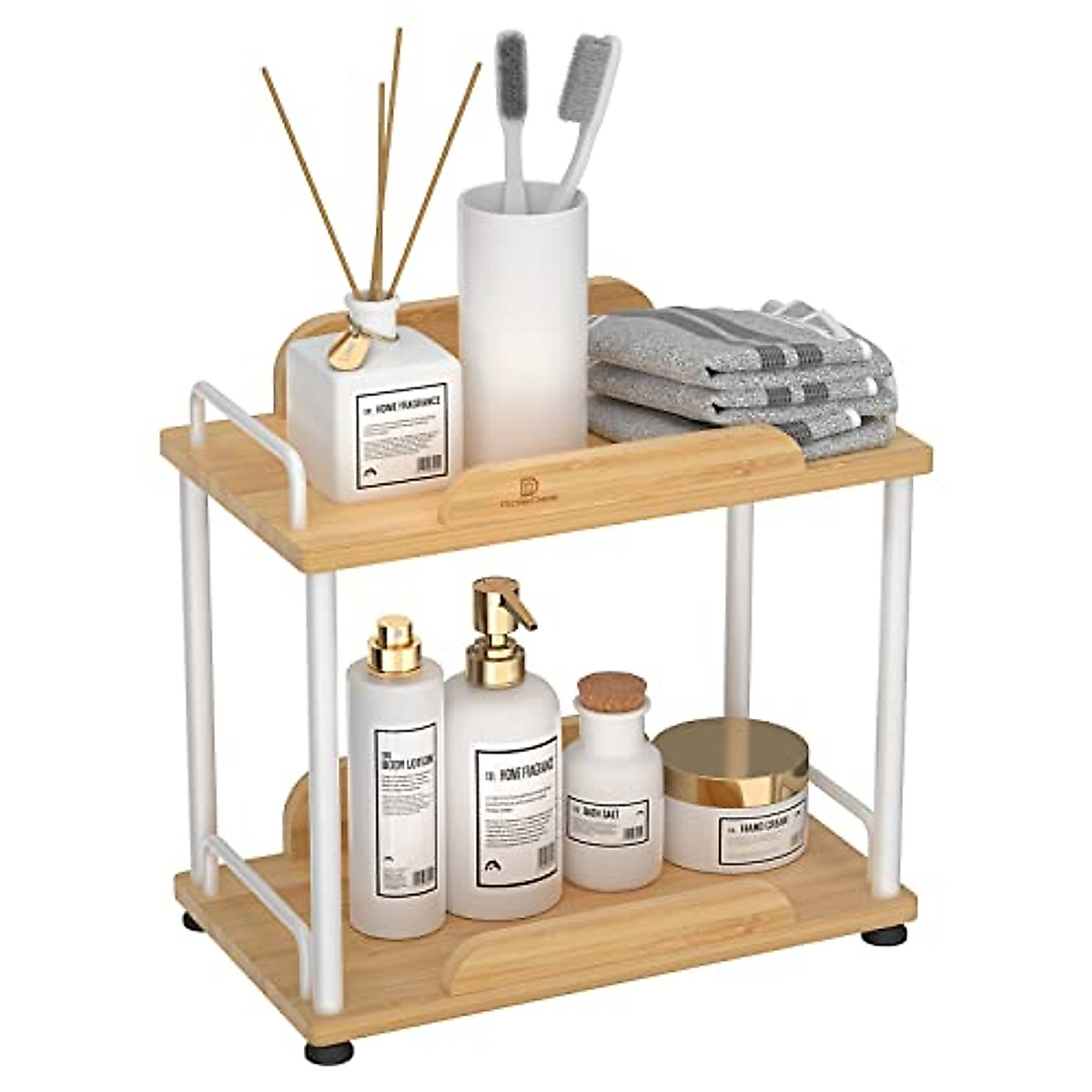 Bamboo 2 Tier Bathroom Countertop Organizer,Vanity Sink Counter Corner Storage Shelf,Kitchen Spice Standing Rack