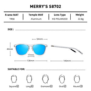 MERRY'S Unisex Polarized Sunglasses for Women Men Classic Retro Designer Style Aluminum Legs (Transparent Frame/Blue Mirror Lens/Silver Temples, 54)