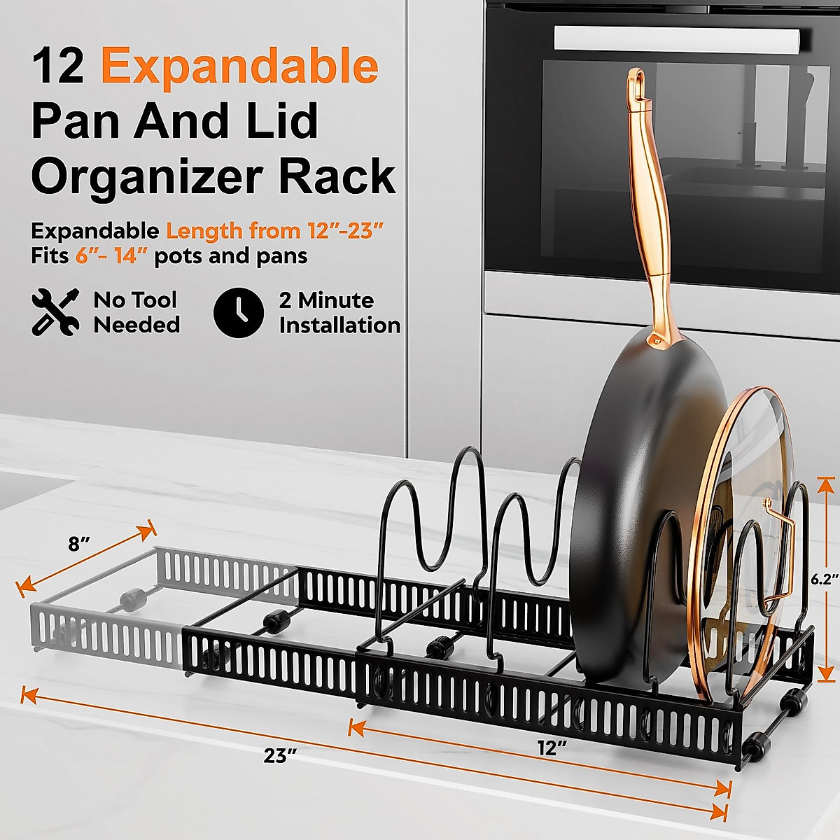 VELKPRO Pots and Pans Organizer Rack for Under Cabinet-Adjustable Kitchen Cabinet Holder-Ideal for Pot Lids, Cutting Boards, Cast-Iron Pans, and Heavy Cookware Storage