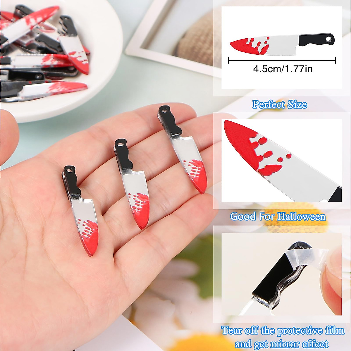CCOZN 12 Pcs Fake Knife Charms, Halloween Pendant Mini Acrylic Knives Beads for Women DIY Jewelry Making Crafting Halloween Charms with Box, 45 x 9mm