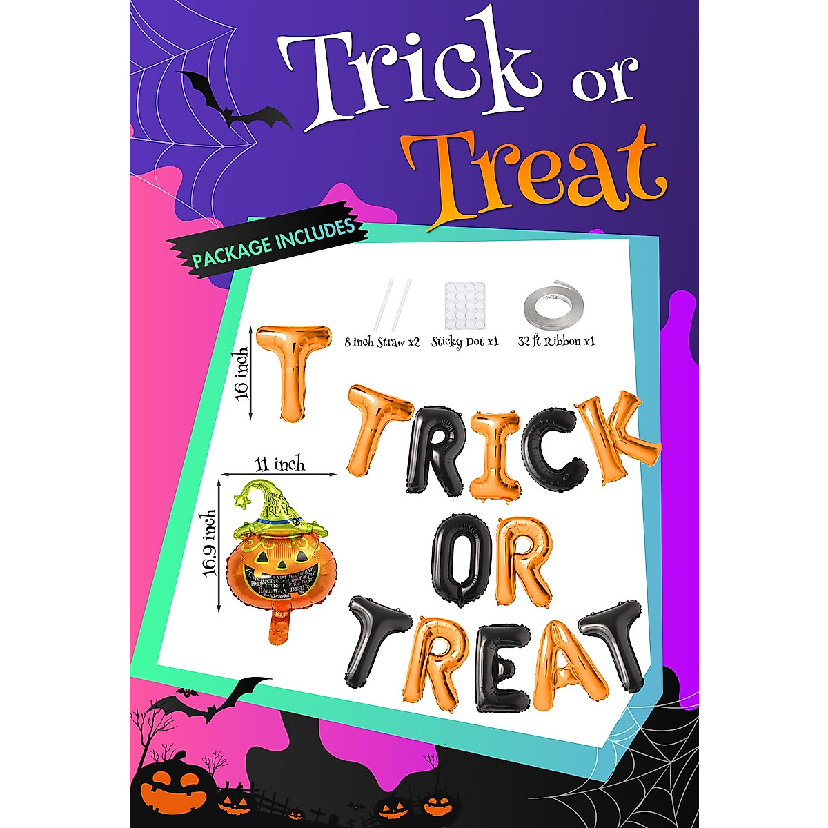 TRICK OR TREAT Black Orange Letter Balloon Banner 16 Inches Halloween Foil Balloon Party Decoration Spooky Balloons 3D Halloween Aluminum Pumpkin Balloons for Horror Halloween Night Party Supplies
