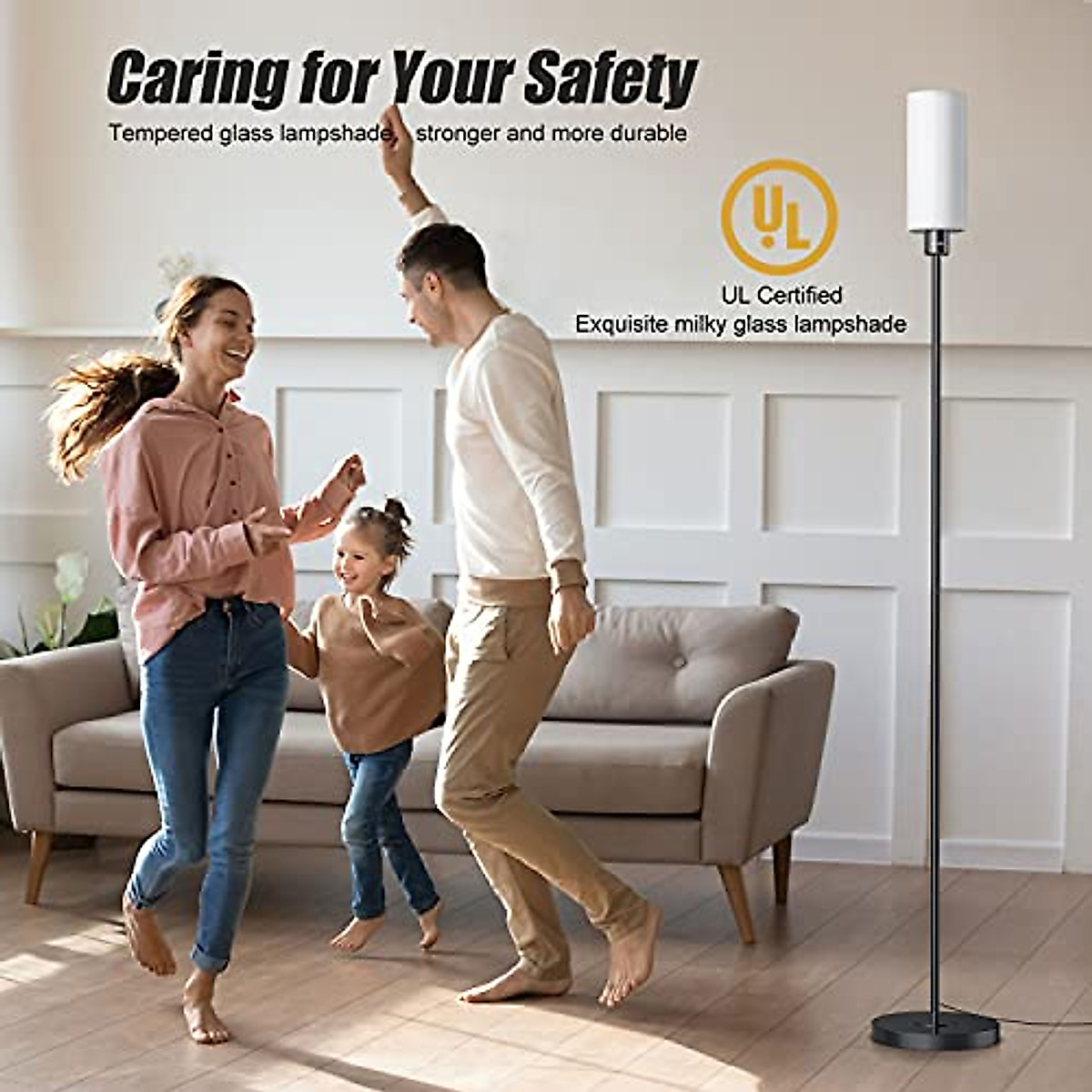 VEYFIY Floor Lamp Set of 2, Lamps for Bedroom and Living Room, Modern Standing Light with Glass Lampshade, Industrial Tall Lamp with E26 Socket, Light for Work, Reading, Black (Bulb Not Included)