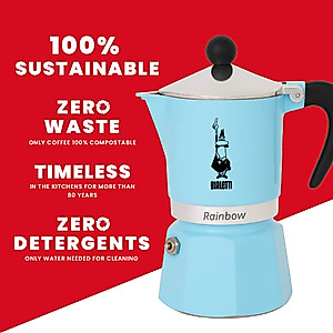 Bialetti - Rainbow: Stovetop Espresso Maker, Moka Pot 6 Cups (8.4 Oz - 250 Ml), Aluminium, Light blue