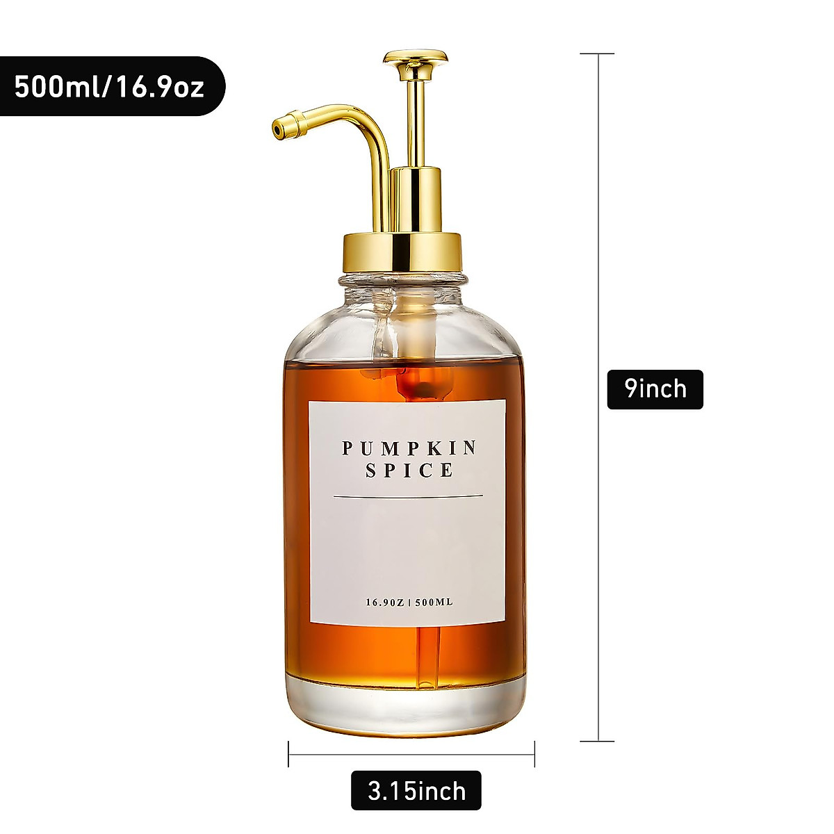 HSIOHE Coffee Syrup Dispenser for Coffee Bar,4 Pack Syrup Dispenser 16.9 oz 500 ml, Glass Syrup Bottle with Gold Upgraded Pump, Coffee Syrup Pump Dispenser, 28 Labels and Large Bamboo Tray