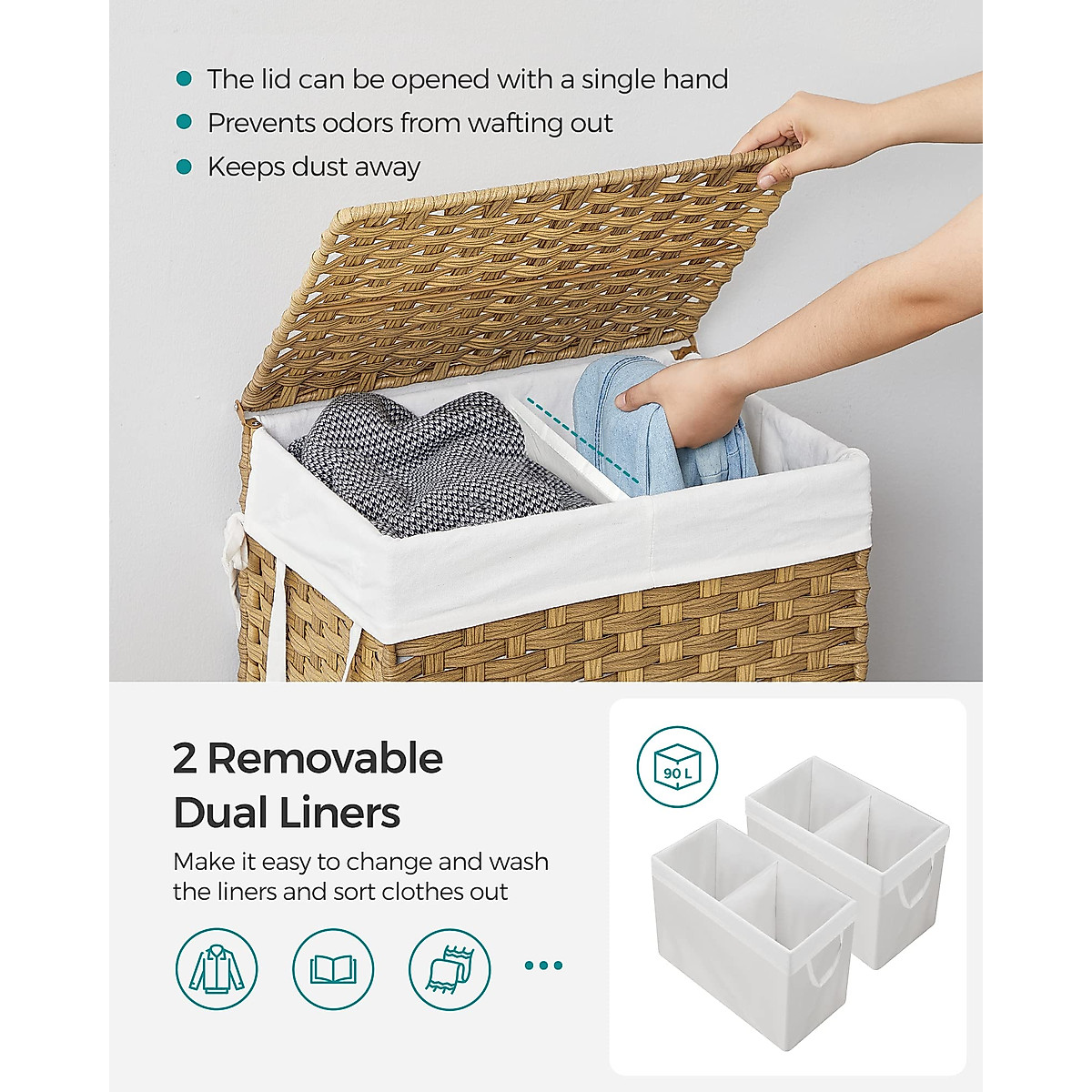 SONGMICS Laundry Hamper with Lid, 90L Clothes Hamper with 2 Removable Liner Bags, 6 Mesh Bags, Wicker Laundry Basket, Double Laundry Hamper for Bathroom, 13 x 18.1 x 23.6 Inches, Natural ULCB251N01V1