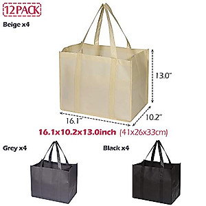 Set of 12 Reusable Grocery Bags Large Foldable Heavy Duty Shopping Tote Produce Bag with Reinforced Handles for Groceries Clothes Vegetables Fruit, Black Grey Beige