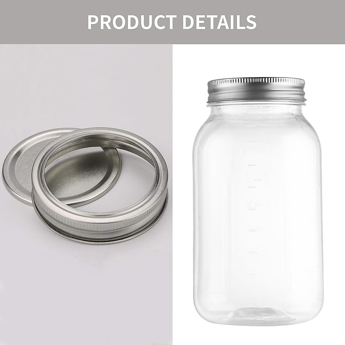 Novelinks 32 OZ Clear Plastic Mason Jars With Airtight Lids - Jars for Kitchen & Household Storage (6 Pack, Silver)