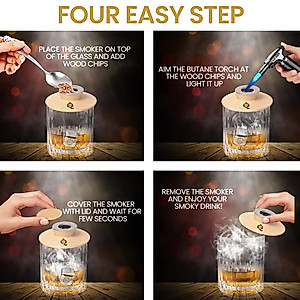QALIA Cocktail Smoker Kit with Torch & Wood Chip - Six Kinds of Wood Chips for Cocktails Bourbon, Wine, Meats & Food - Fashionable Whiskey Smoker for Friend, Dad, & Whiskey Lover (No Butane)