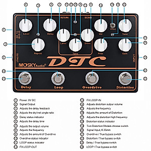 Moskyaudio DTC Multieffects Processor Multi-functional Pedal with Distortion Overdrive Loop Delay Effects in 1 Unit
