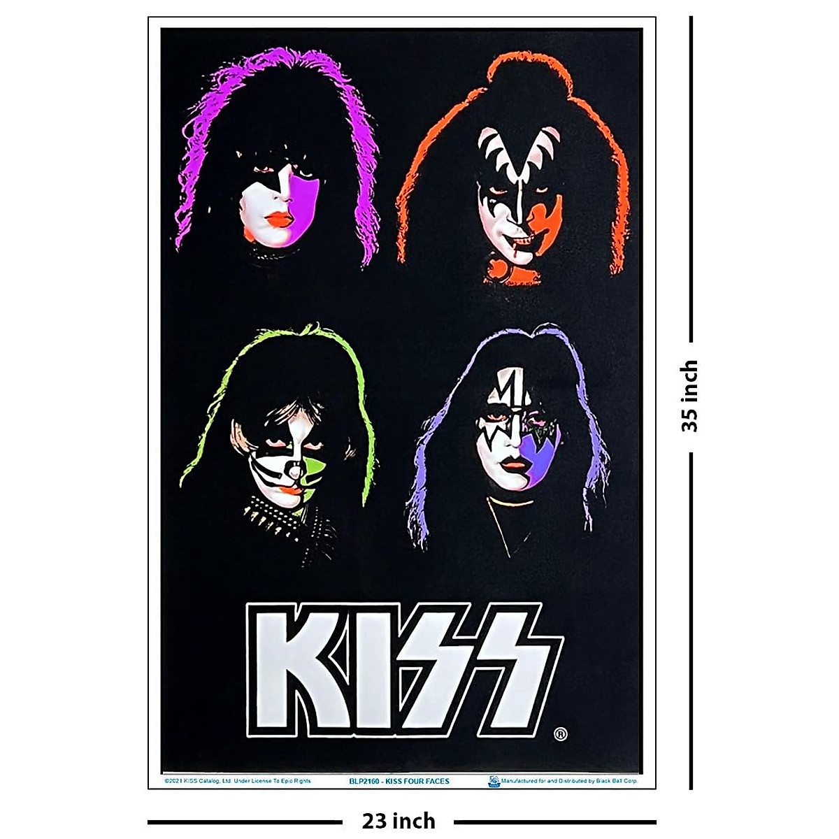 KISS - Four Faces - Officially Licensed, Authentic Blacklight Flocked Poster - 23" x 35"