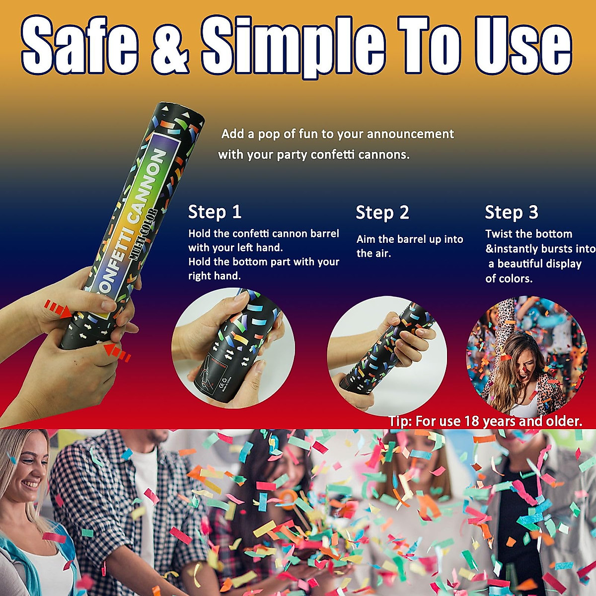 12 Inch Confetti Cannon Multicolor Confetti Popper Party Shooter for Wedding Birthday Graduation Celebration, 5 Pack Biodegradable Confetti Shooter Launches 20-26 ft