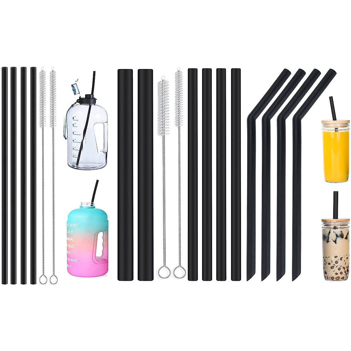 ALINK 15 IN Extra Long Black Silicone Straws + 2 Black Boba Straws 8 Smoothie Straws
