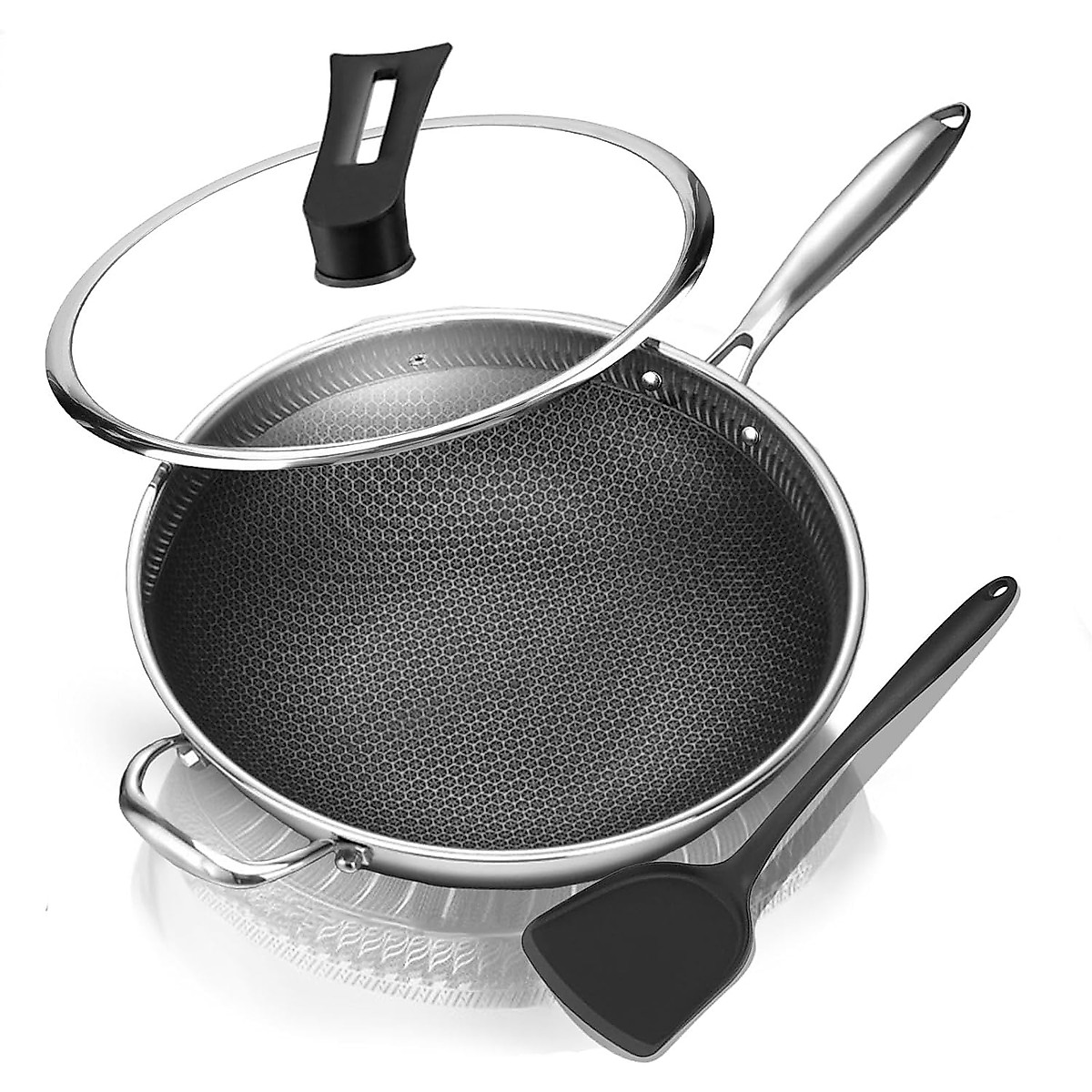 BigNoseDeer Wok Pan With lid Hybrid Nonstick 12.5Inch Honeycomb work With Handle Woks & Stir-Fry Pans Nonstick PFOA Free Cookware Suitable for Induction Ceramic Electric and Gas Cooktops