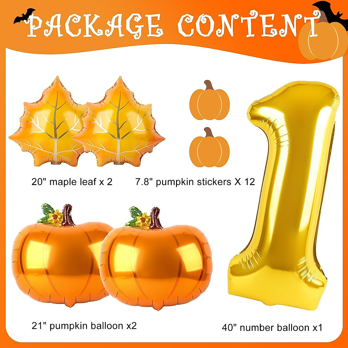 Dripykiaa 5Pcs Pumpkin First Balloon 40" Gold One Year Old Balloon Set for First Birthday Fall Birthday Decorations Maple Leaves Pumpkin Foil Helium Balloons Party Supplies Backdrops for Girls Boys