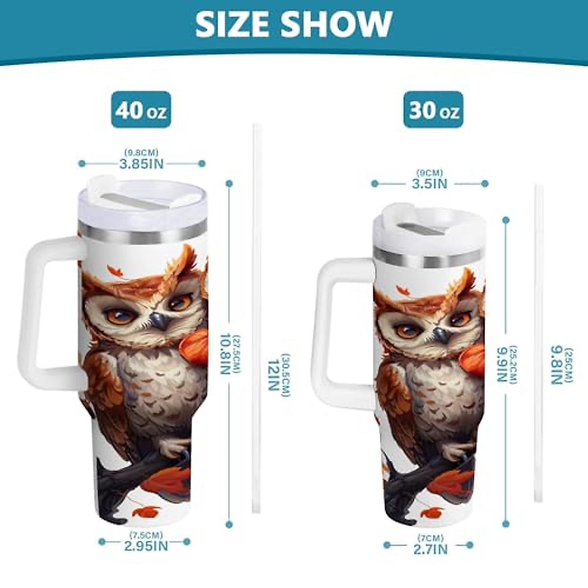 ODAWA Owl Maple Leaf Travel Coffee Tumbler 30 Oz Travel Mug with Handle and Straw