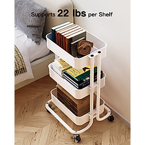 Pipishell 3 Tier Metal Rolling Utility Cart, Heavy-Duty Storage Rolling Cart with 2 Lockable Wheels, Multifunctional Mesh Organization Utility Cart for Kitchen Dining Room Living Room (White)