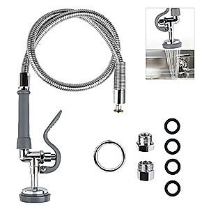 KANONEY Commercial Sink Sprayer with 45" Flexible Stainless Steel Hose, Pre-Rinse Dish Spray Valve Replacement Kit Assembly Sprayer Nozzle Head for Industrial Restaurant Kitchen Faucets, Gray