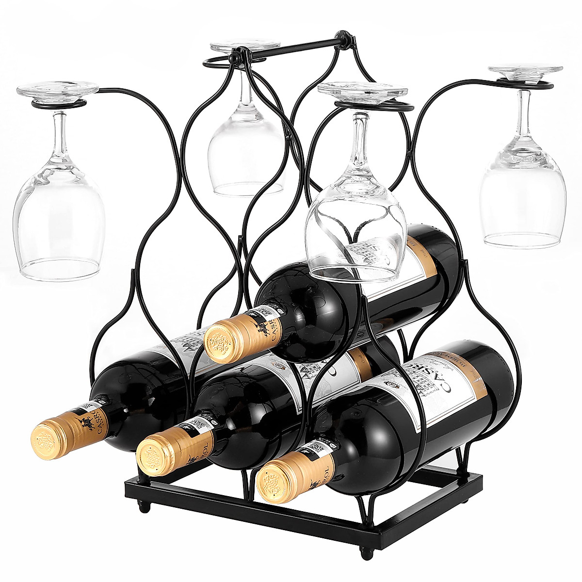 Torfican Countertop Wine Rack Metal,Hold 6 Bottles and 4 Glasses Wine Holder Stand,3-Tier Small Tabletop Wine Rack,Wine Organizer for Cabinet,Pantry