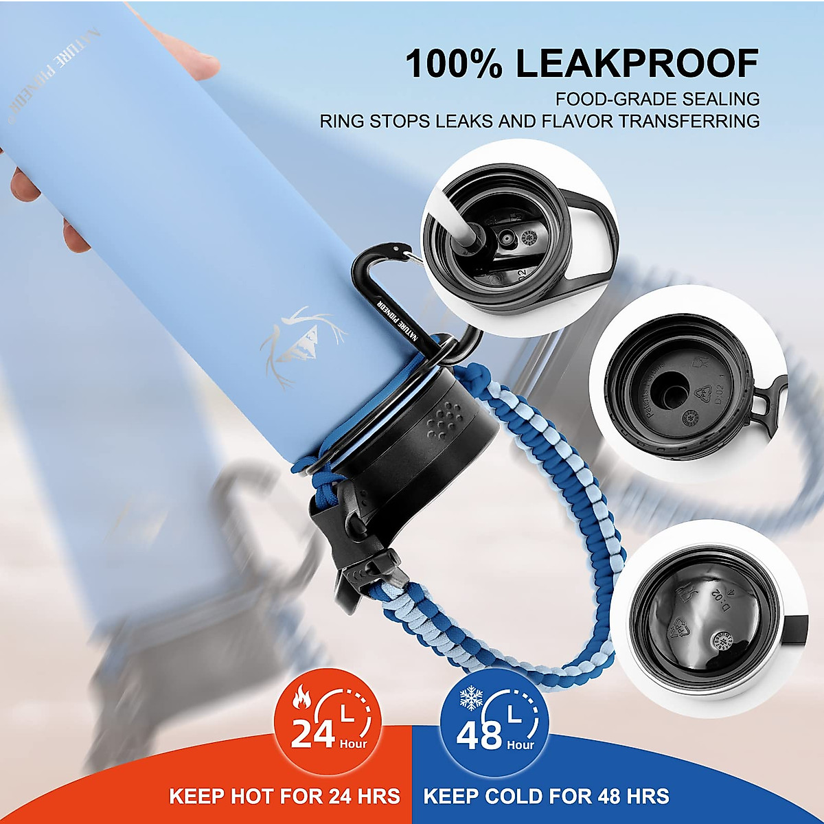 NATURE PIONEOR Insulated Water Bottles with Paracord Handle - 24 oz Vacuum Sports Wide Mouth Water Bottle with 3 Lids, Leak Proof Stainless Steel Keeps Hot and Cold