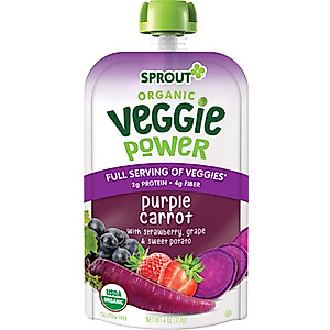 Sprout Organic Baby Food, Stage 4 Toddler Pouches, Purple Carrot Veggie Power Pack, 4 Oz Purees (Pack of 12)
