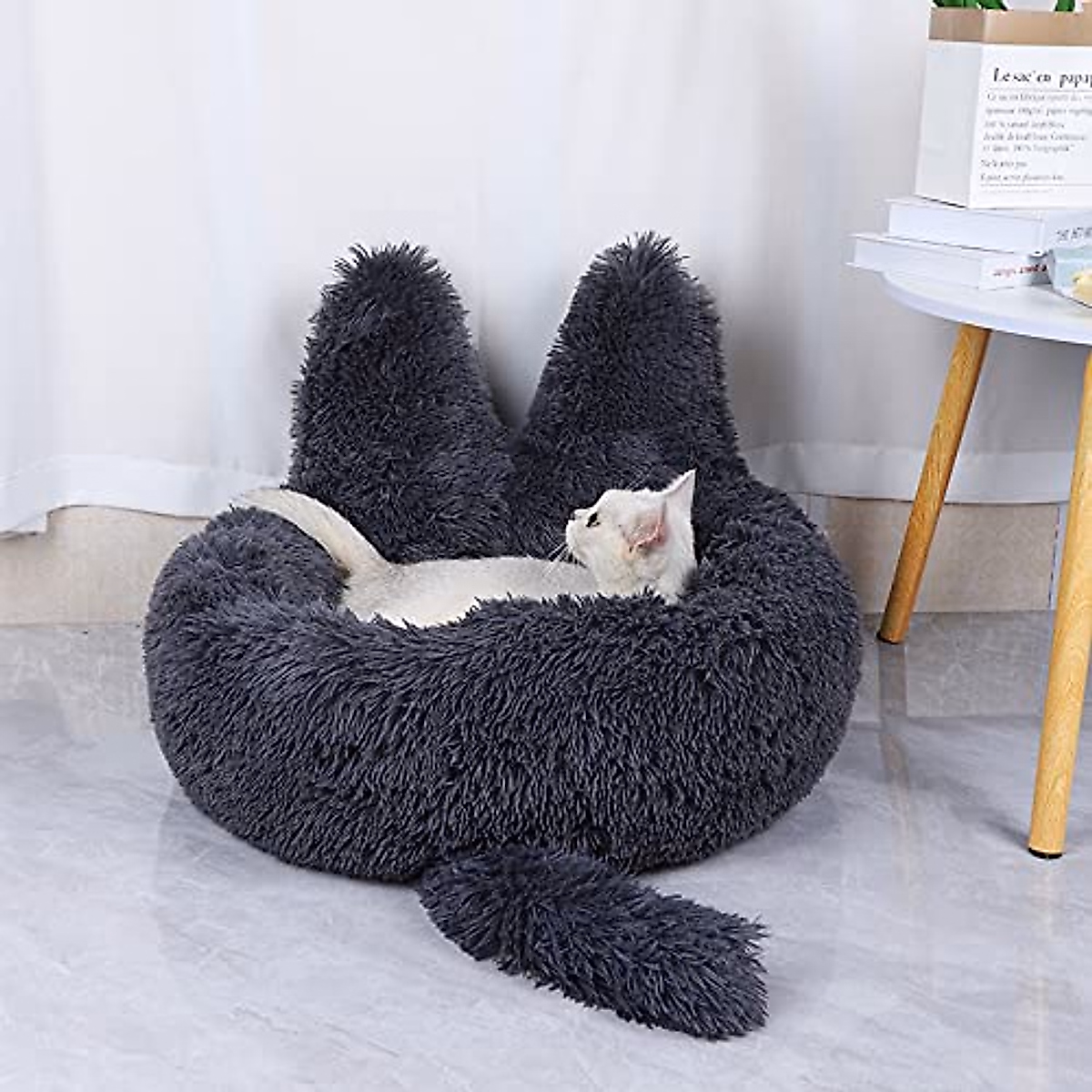 Idepet Cat Bed, Calming Dog Bed Luxury Plush Pet Bed with Anti-Slip Bottom Warm Round Dogs Cushion Soft Cozy Fluffy Cat Dog Bed (20", Dark Grey)