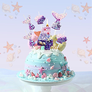 QEEYON 6Pcs Birthday Candles 2.5 inch Mermaid Theme Birthday Cake Candles 1Pcs Number 4 Candle 3Pcs Mermaid Tail Candles 2Pcs Shell Candles for Mermaid Party Birthday Cake Topper Decor