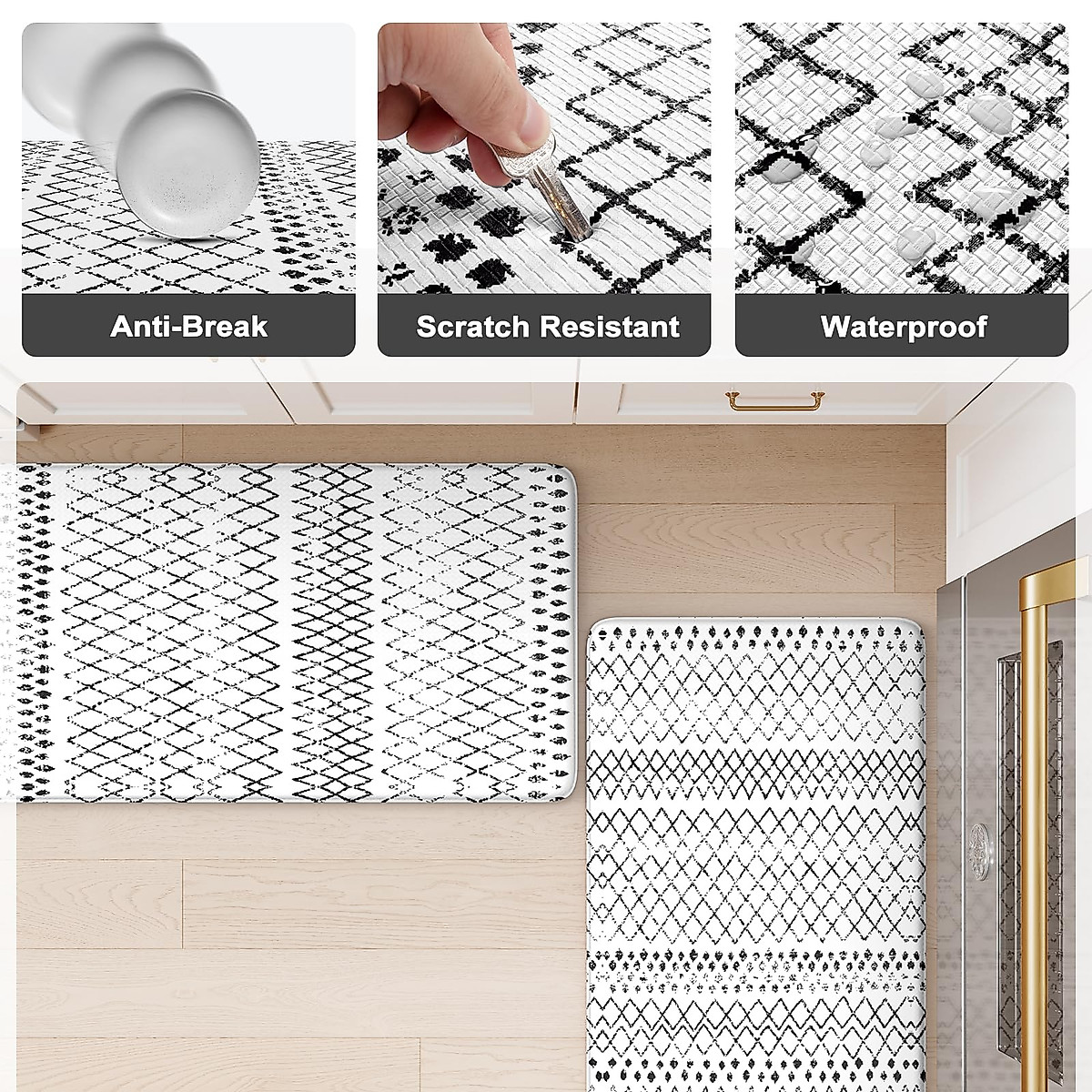 KIMODE Kitchen Mats 2PCS,Cushioned Anti Fatigue Kitchen Rugs and Mats,Non Skid Waterproof Kitchen Mats for Floor,Comfort Foam Standing Mat for Home, Office,Sink,Laundry,Desk,Black and White