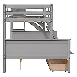 GLORHOME Twin Over Full Bunk Bed,Wooden Bunk Bed, Bunk Bed with Drawers,Slide,Grey
