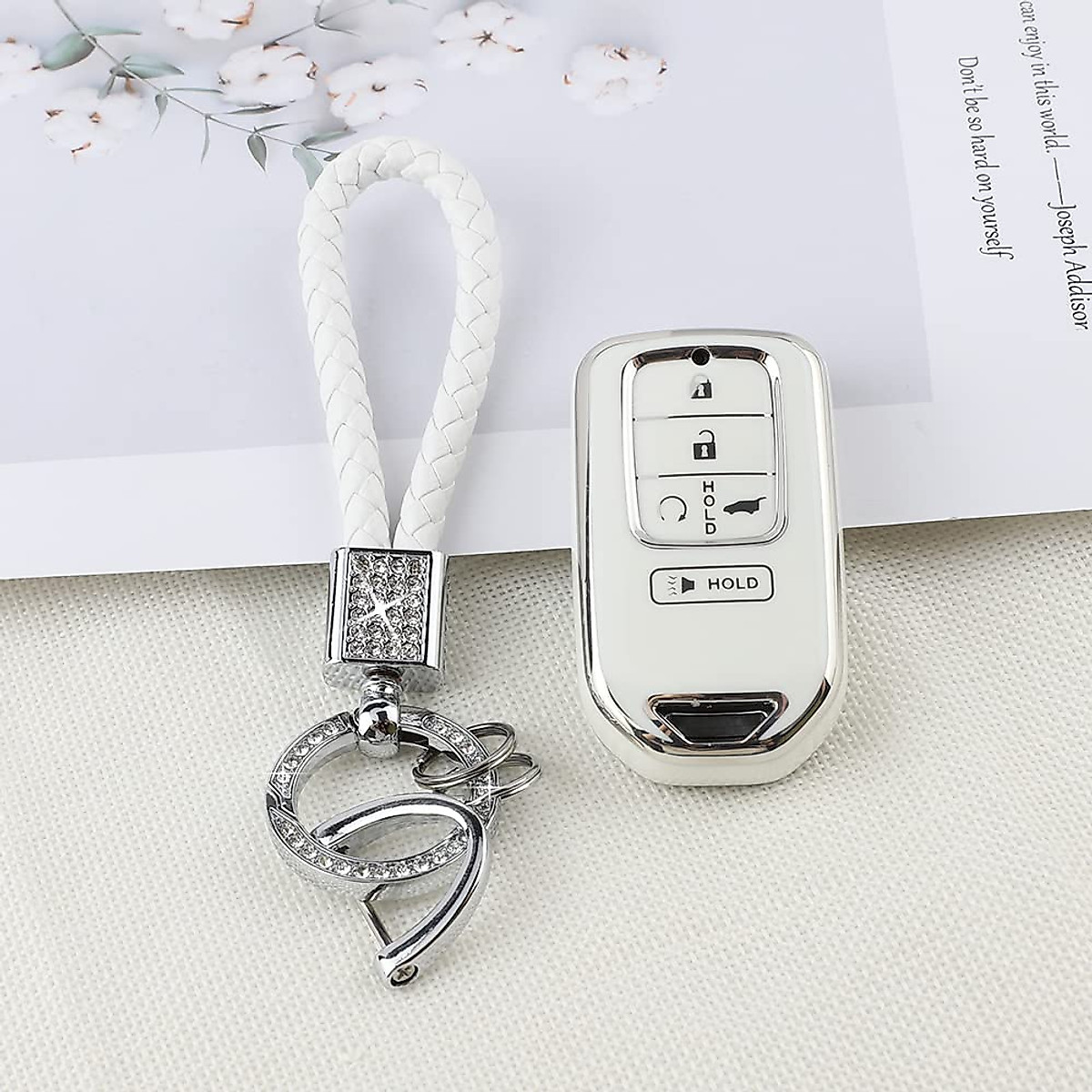 PIFOOG Key Fob Cover for Honda Accord Civic CRV Pilot Passport Insight Accessories White TPU 5 Buttons Smart Keys Case Shell Protector Bling Car Keychain Girly Women