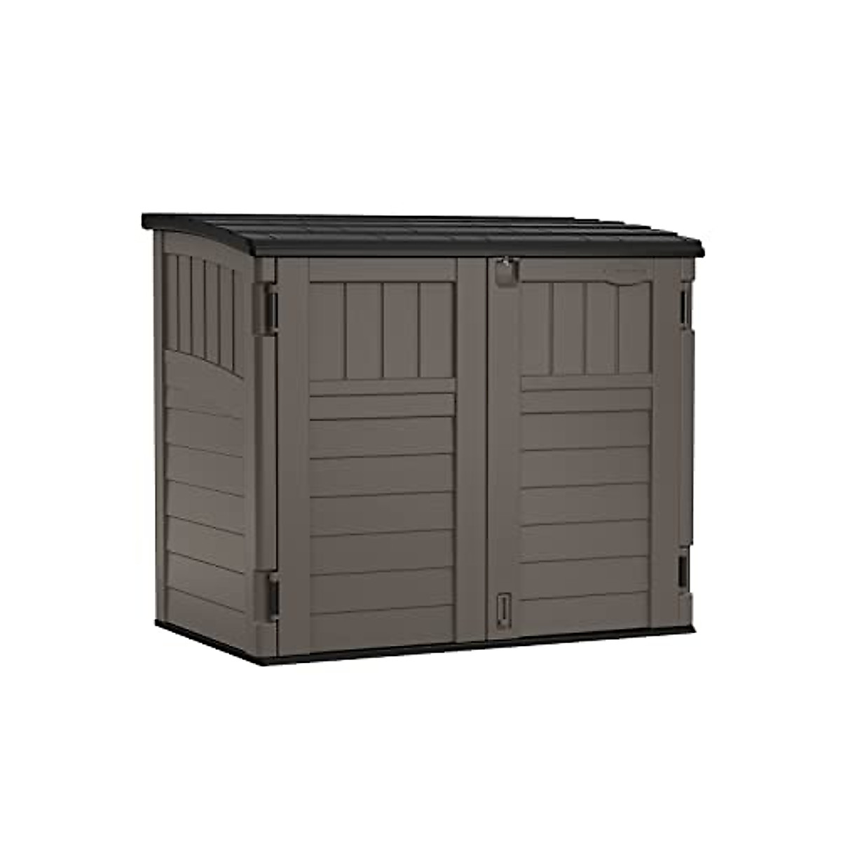 Suncast 4' x 2' Horizontal Storage Shed - Natural Wood-Like Outdoor Storage - Stoney & 33 Gallon Hideaway Can Resin Outdoor Trash with Lid Use in Backyard, Deck, or Patio, 33-Gallon, Brown