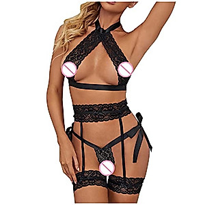 Sexy Lingerie for Women, Bra and Panty Sets Lingerie Women with Garters Women's Mesh Underwear See-Through Halter Three-Piece Suit Strip Club Outfits Lingerie Garter Lace Lengerie (M, 7-Black)