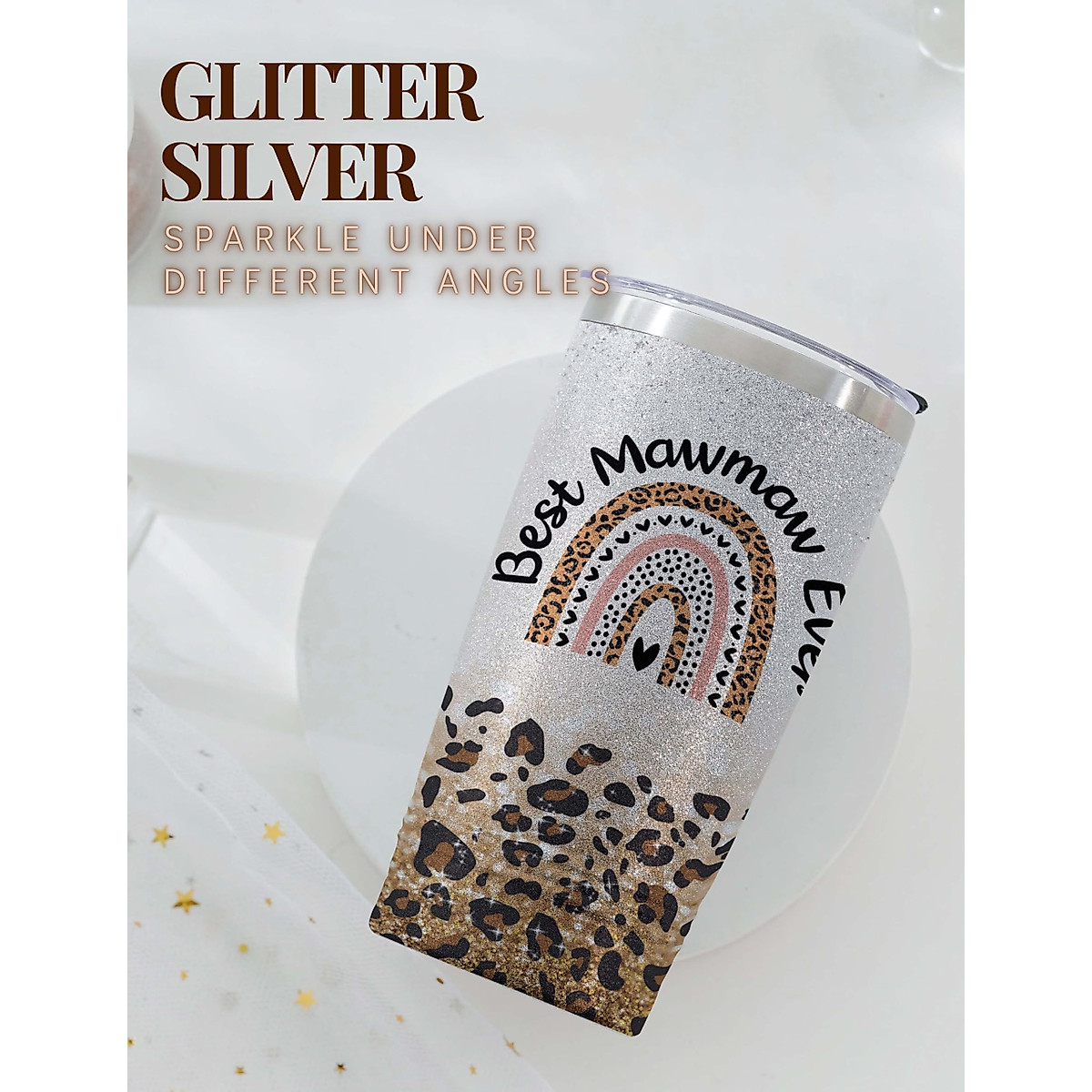 Onebttl Mawmaw Gifts from Granddaughter, Grandson, Insulated Stainless Steel Wine Tumbler with Lid and Straw, for Grandma on Mother's Day, Birthday, Christmas, Best Mawmaw Ever, Glitter Silver, 20 oz