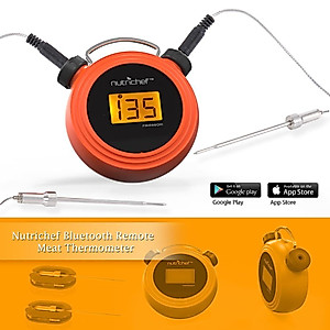 Smart Bluetooth BBQ Grill Thermometer - Digital Display, Stainless Dual Probes Safe to Leave in Outdoor Barbecue Meat Smoker - Wireless Remote Alert iOS Android Phone WiFi App - NutriChef PWIRBBQ60