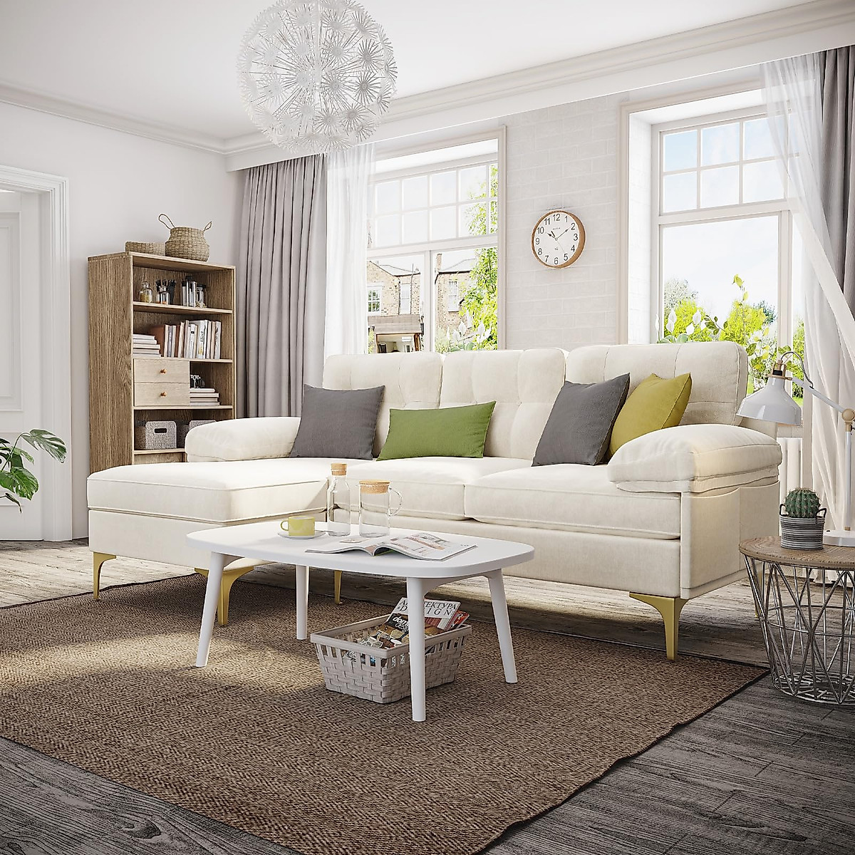 YOUDENOVA 82.7" L Shape Convertible Sectional Sofa, Comfy Chenille Sofa Couch for Living Room with Reversible Chaise, 3-Seat Modern Couch with Removable Cushion for Small Spaces (Beige)