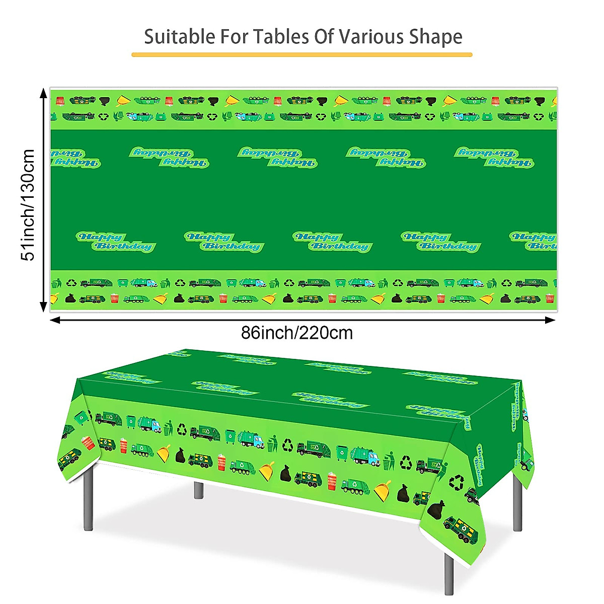 PHOGARY 2 Pack Garbage Truck Tablecloths for Garbage Truck Birthday Party Supplies, Trash Truck Party Table Cover Disposable Plastic Rectangle Table Cloth for Kids Birthday Baby Shower 51" X 86"
