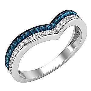 Dazzlingrock Collection 0.25 Carat (ctw) Round Blue & White Diamond Women Double Row Chevron Wedding Band Enhancer Guard Ring 1/4 CT in 18K White Gold, Size 5