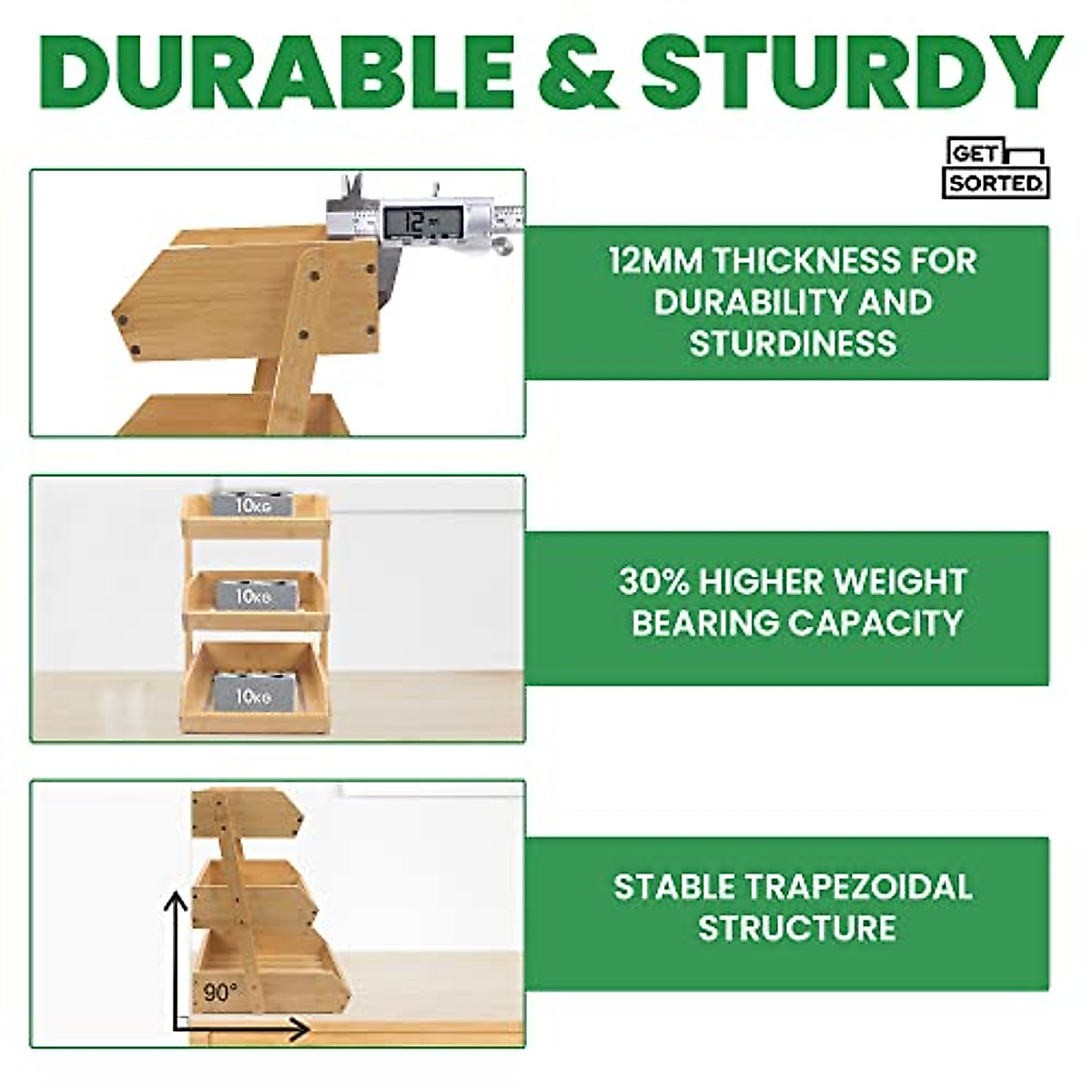 GET SORTED Bamboo Fruit Basket 3 Tier — 33+ Lbs Capacity, 12mm Thickness, Raised Bottom & 2 Hooks — Ideal for Bread, Toiletries, Snacks, Seasonings - Fruit Bowl for Kitchen Counter, Dining Table, etc