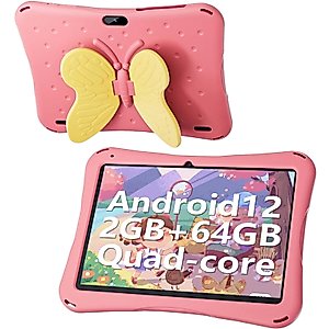 SGIN 10 Inch Tablet for Kids, Android 12 Kids Tablet with Kids Case, 2GB RAM 64GB ROM, 5000mAh, 1280 * 800 Display, Dual Camera, WiFi, Educational Games, Yellowish Butterfly Handle