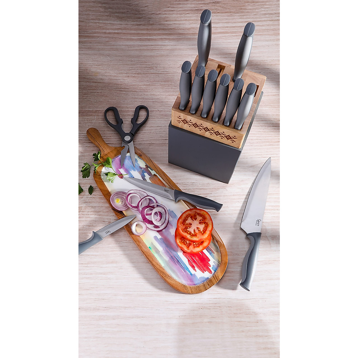 Spice by Tia Mowry Savory Saffron 14 Piece Cutlery Knife Block Set - Gray