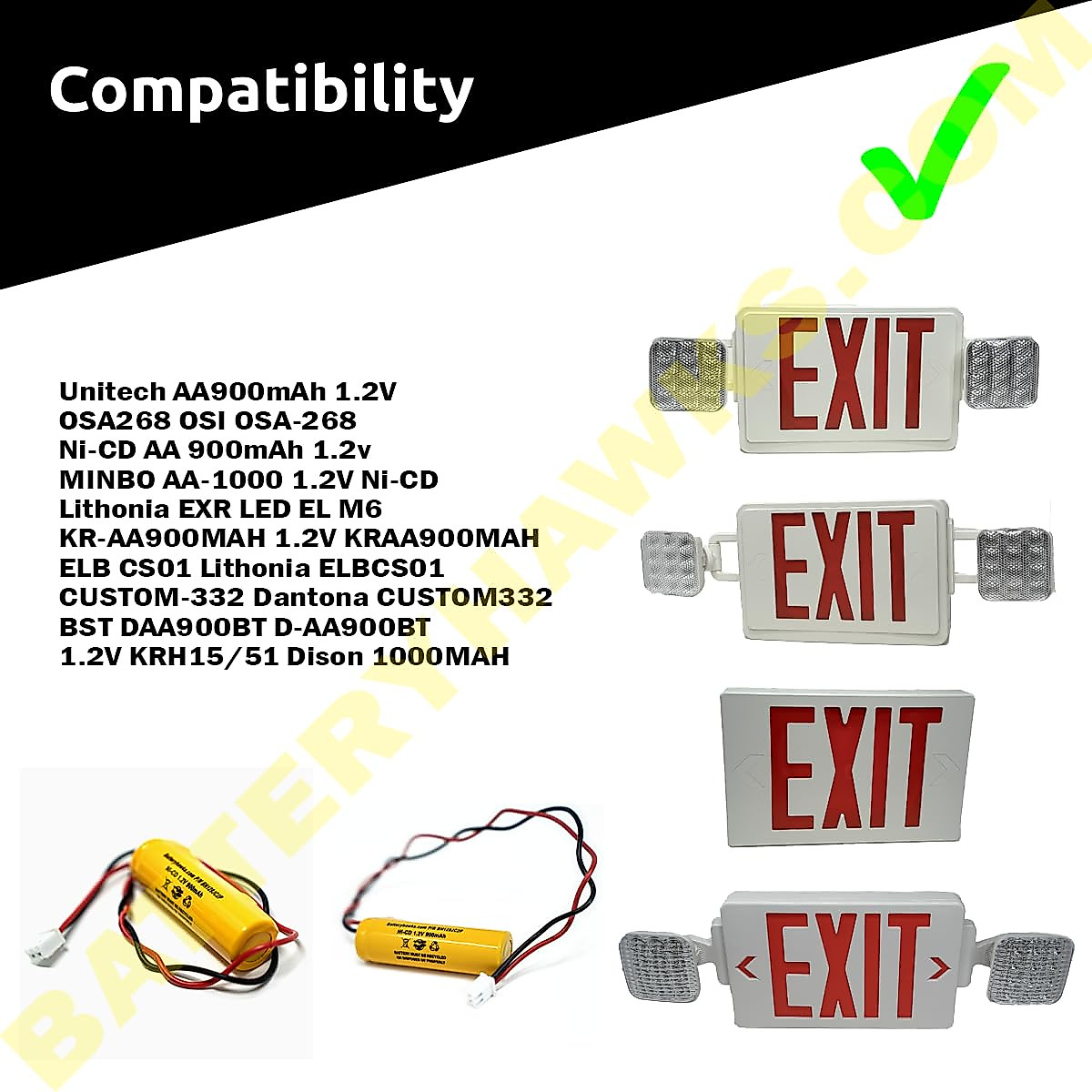 (10 Pack) OSA268 Custom-332 ELB CS01 EXR LED EL M6 AA900mAh 1.2v Ni-CD AA 900mAh 1.2v Battery Exit Sign Emergency Light BST D-AA900BT