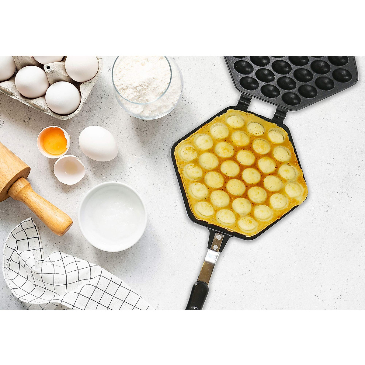 Bubble Waffle Maker Pan by StarBlue with FREE Recipe ebook and Tongs - Make Crispy Hong Kong Style Egg Waffle in 5 Minutes