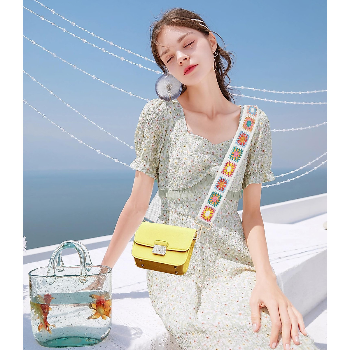 PAXMATE Purse Strap Replacement Crossbody Handbag Guitar Strap Purse Shoulder Strap Adjustable Crochet Flower Bag Strap