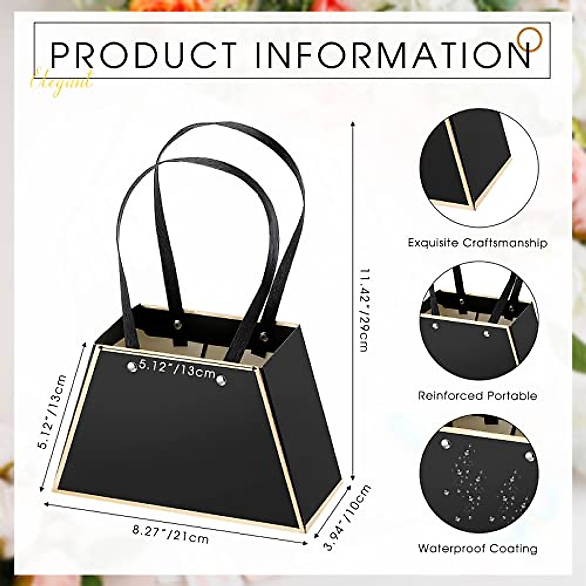 12 Pcs Craft Paper Flower Gift Bags Portable Bouquet Bags Box with Handle Waterproof Bouquet Gift Box Flowers Trapezoidal Florist Packaging Wrap for Valentine's Day Mother's Day (Black, White)